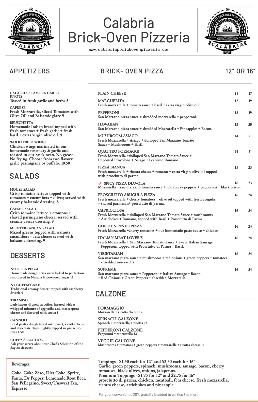 Our Menu - Calabria Brick Oven Pizza | Best Pizza in Mount Juliet TN